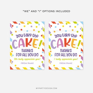 You Take the Cake Gift Tag, Cupcake Thank You Label, School Staff or ...