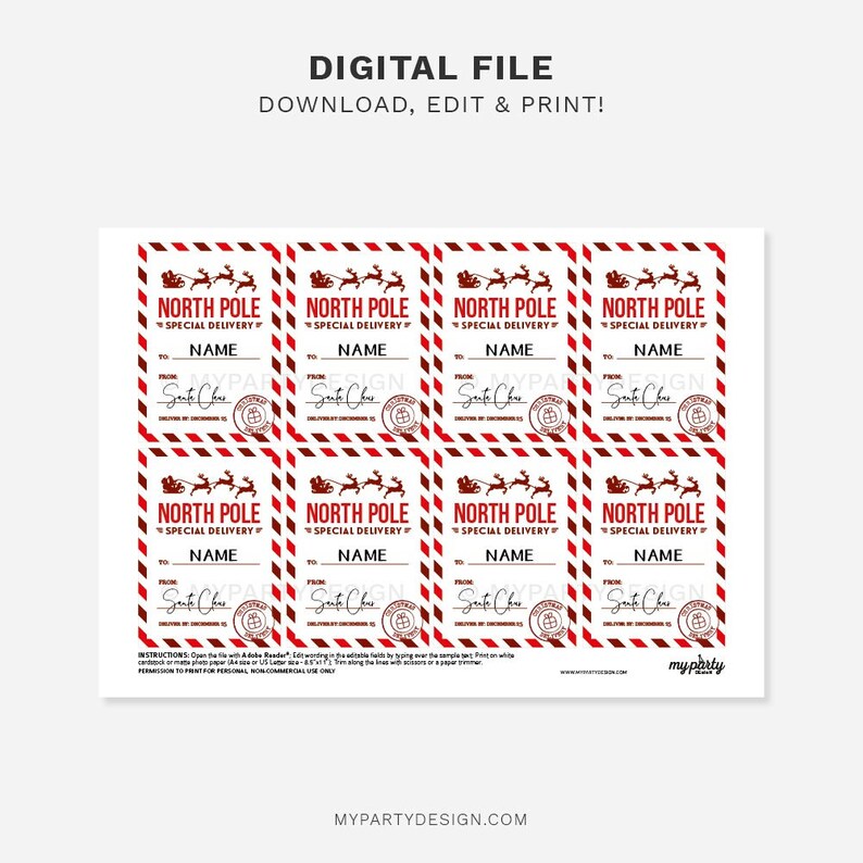 North Pole Special Delivery Tags, Personalized Santa Gift Labels, Kids ...