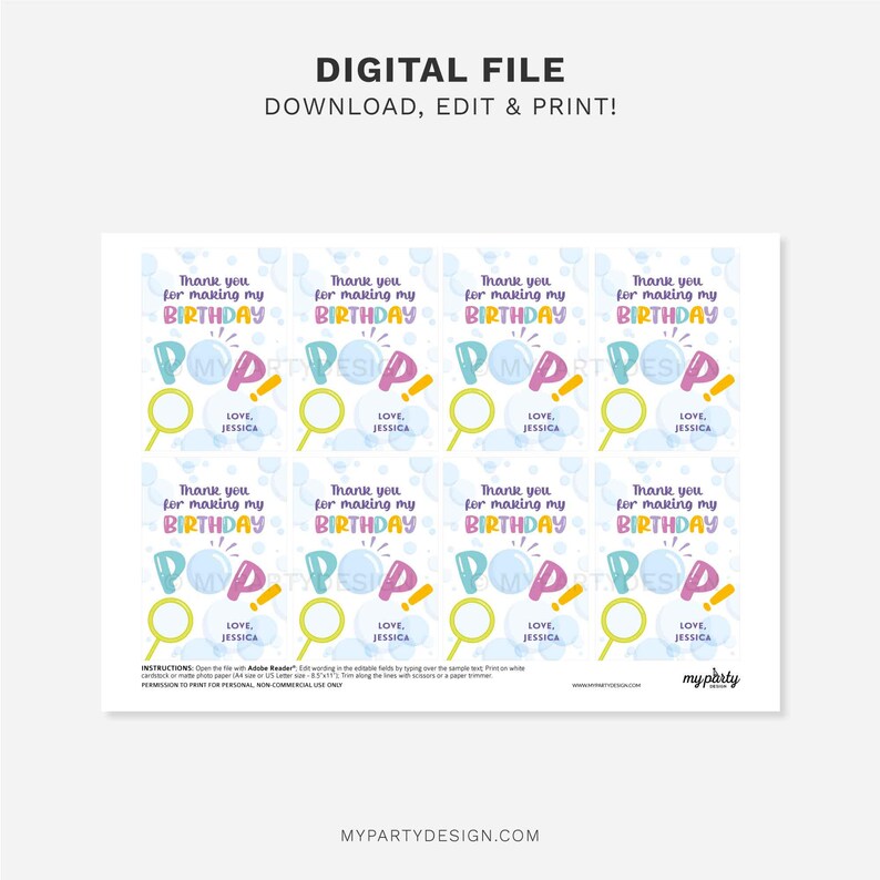 Bubbles Birthday Favor Tag, Thank You for Making My Birthday Pop Labels ...