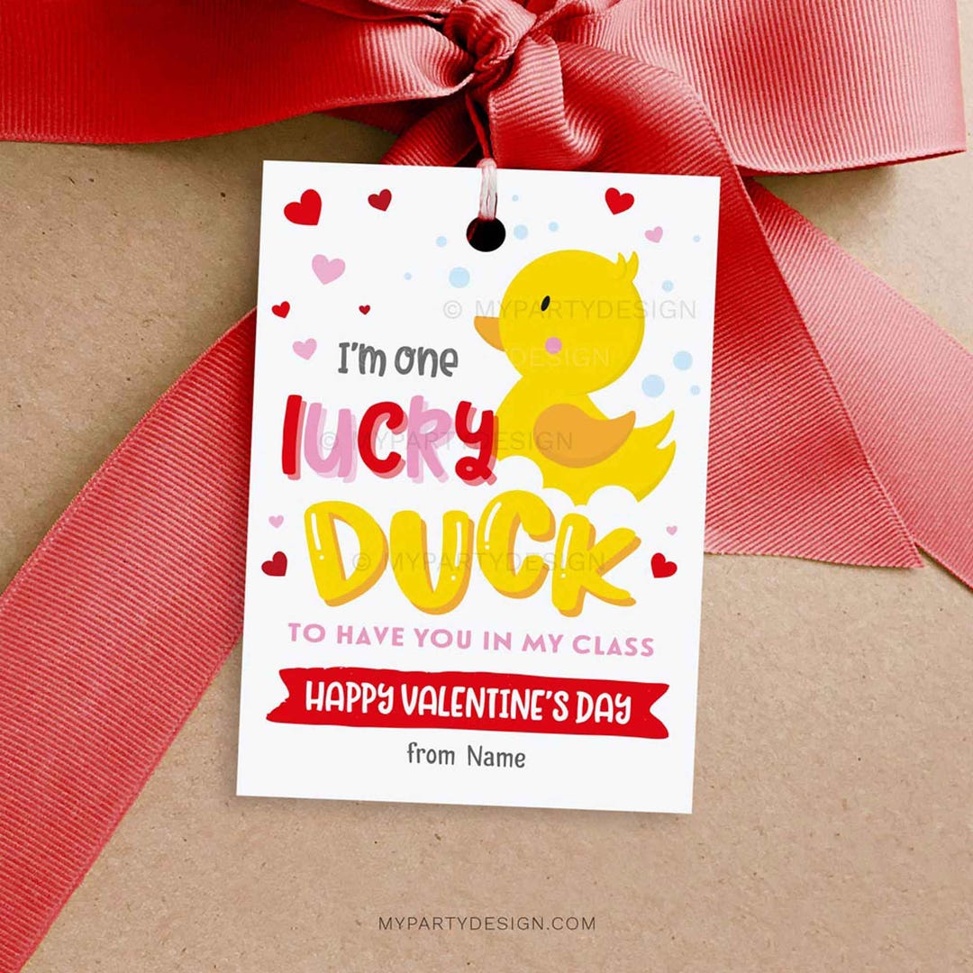 Lucky Duck Valentine's Day Tag, Pink Kids Valentine Cards for Classroom ...