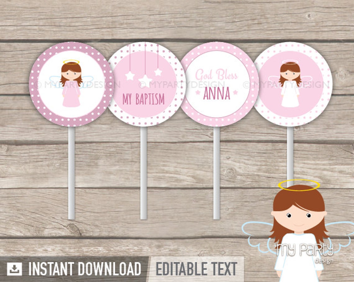 Baptism Cupcake Toppers Pink Angel Party Printables Girl - Etsy