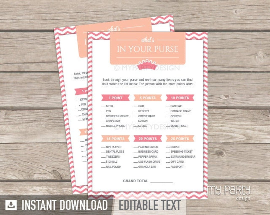 What's in Your Purse Game, Little Princess Baby Shower Game, Pink ...