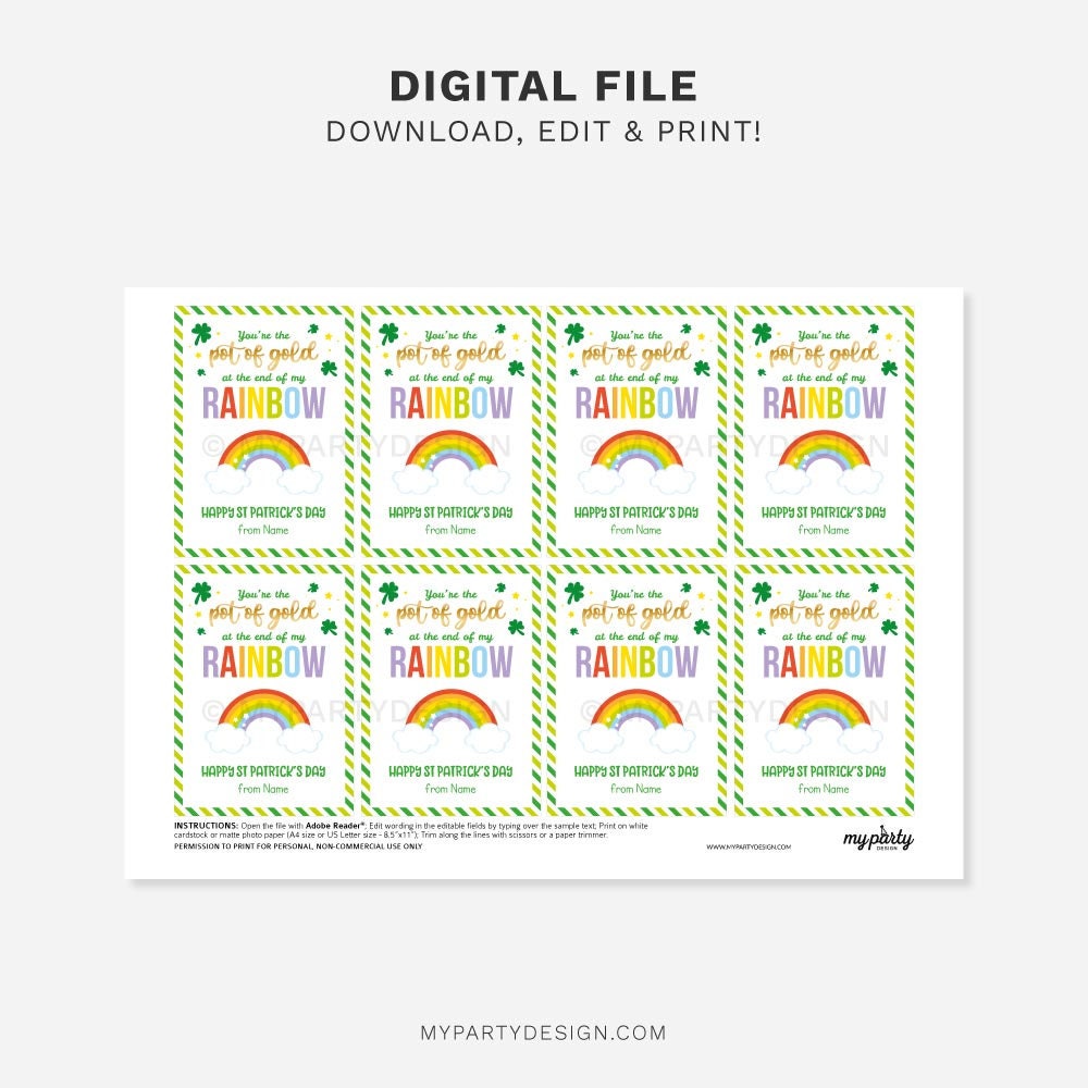 Rainbow St Patrick's Day Tag, Pot of Gold Kids St Patrick Card for ...