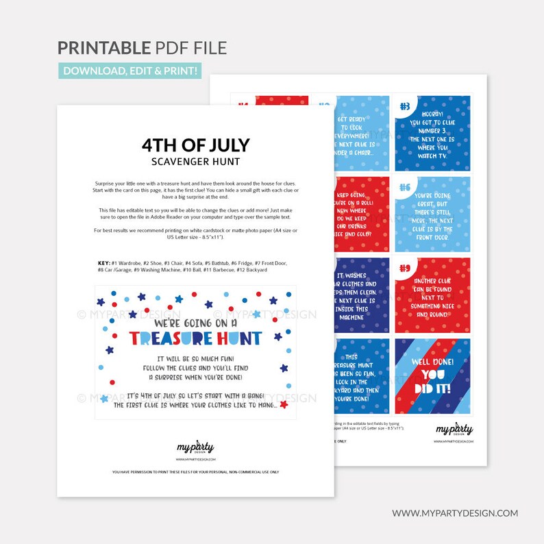 4th of July Scavenger Hunt Clues Editable Clue Cards for Kids - Etsy