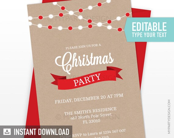 Christmas Party Invitation, Printable Christmas Invite, Kraft Paper ...