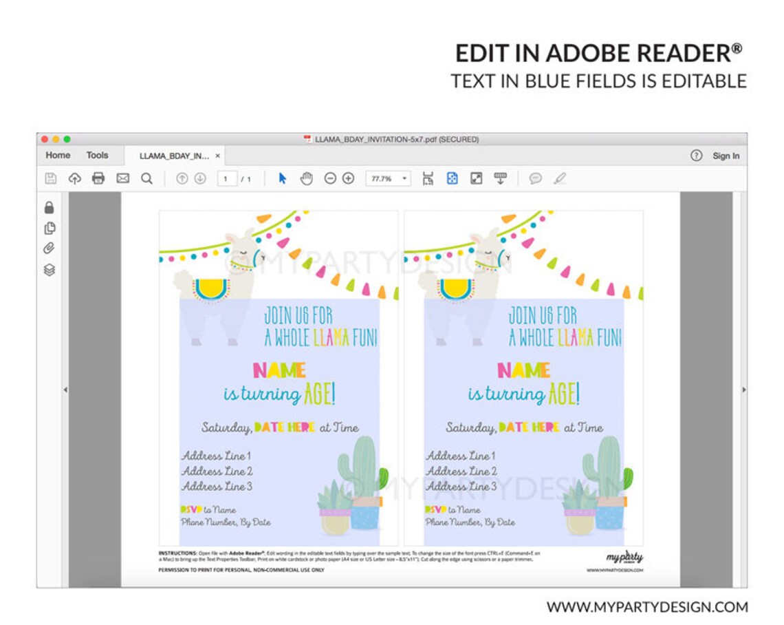 Invitación de cumpleaños de llama, fiesta de llamas, invitación a ...