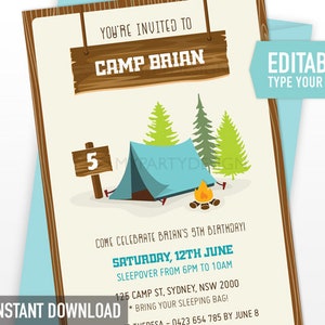 Camping Birthday Invitation, Campout Party Invite, Boy Sleepover Camping Invitation, Glamping ...