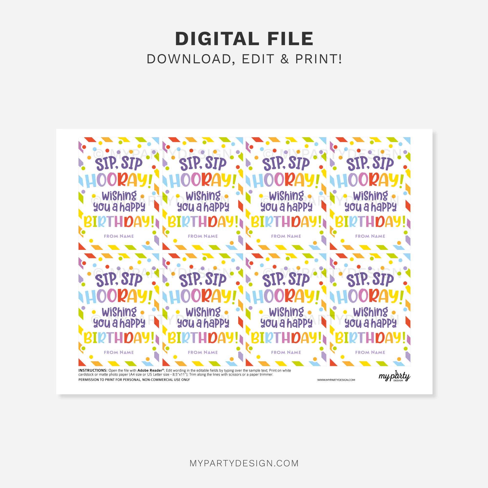 Sip Sip Hooray Happy Birthday Gift Tag, Kids Class Gift Label for ...