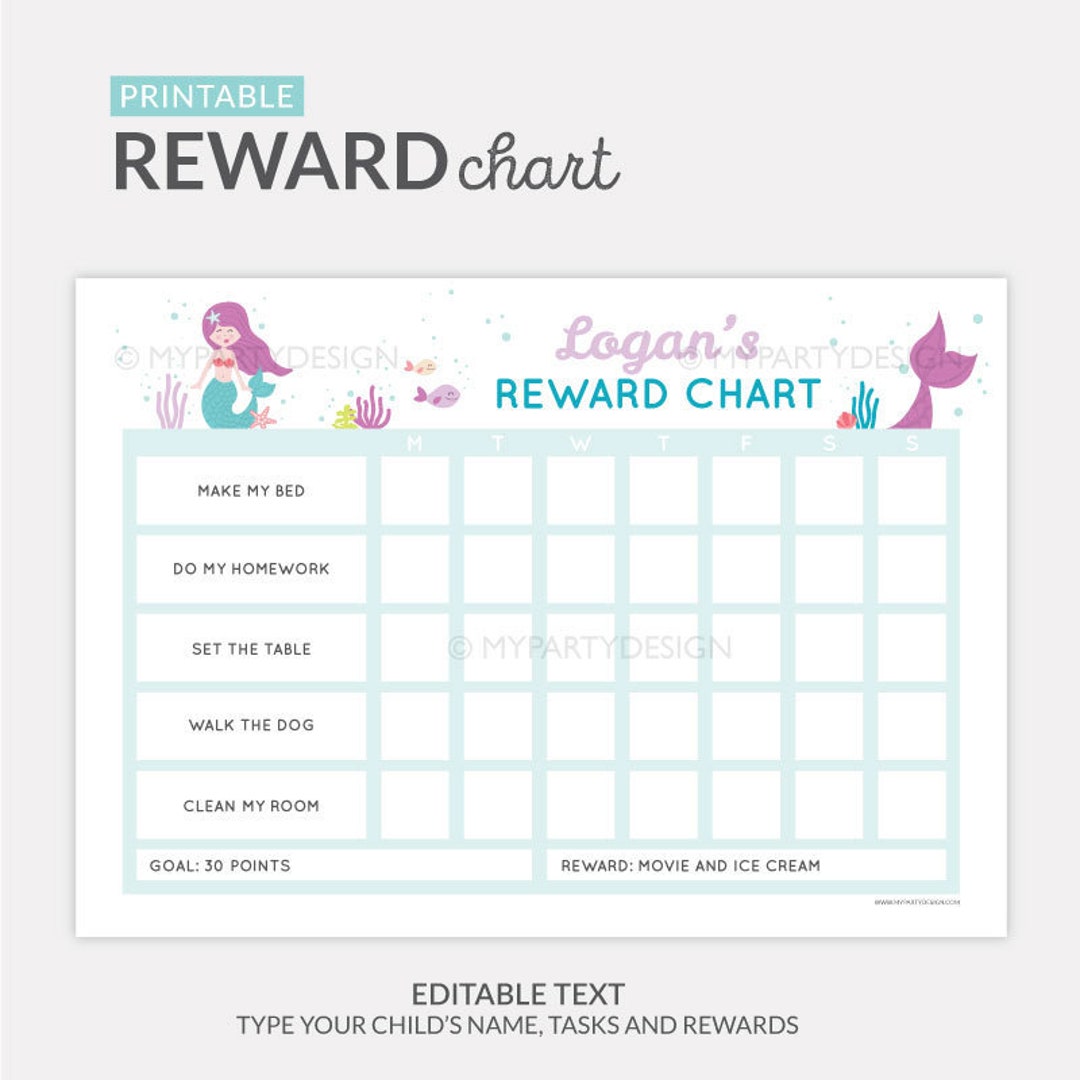 Printable Mermaid Reward Chart for Kids, Chore Chart, Editable Behavior ...