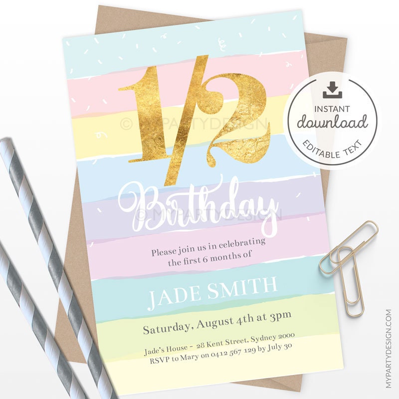 Half Birthday Invitation, 6 Months Party Invite, 1/2 Bday, Gold Rainbow ...