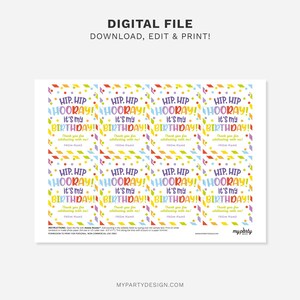 Hip Hip Hooray Birthday Treat Tag, Kids Classroom Gift Label for School ...