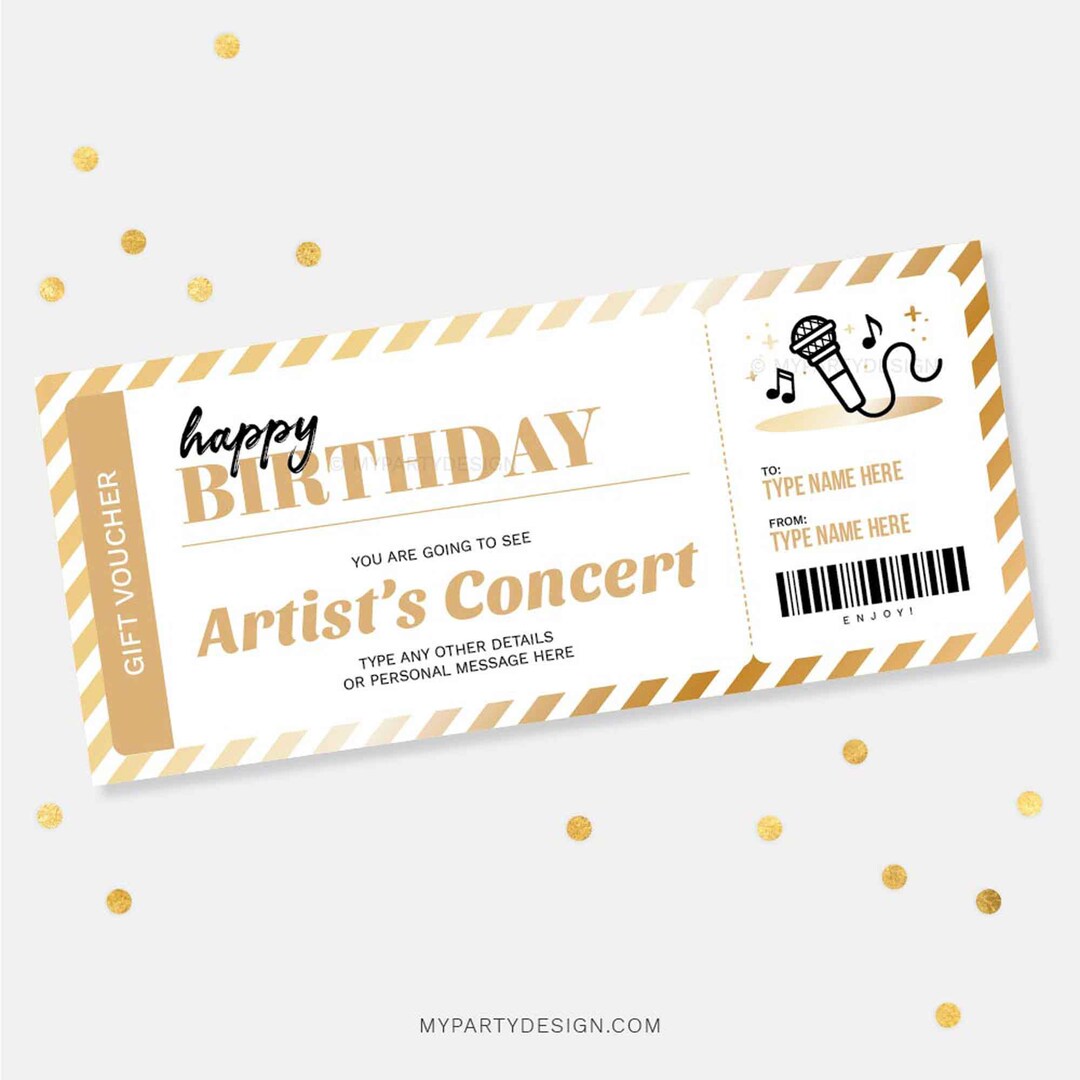 Concert Gift Voucher Template, Music Artist Ticket Birthday Present ...