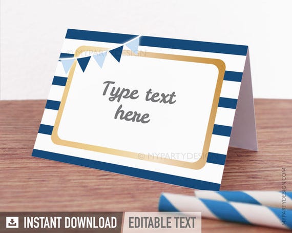 Gold Navy Food Labels, Stripes Party Place Cards, Blue Tent Labels ...