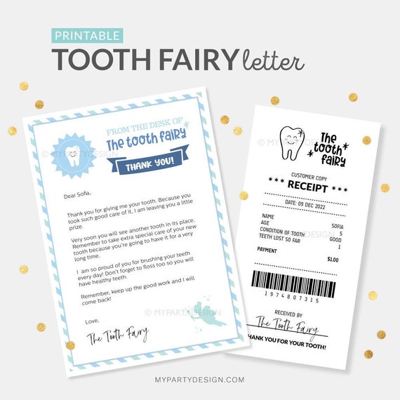 Printable Tooth Fairy Letter and Receipt for Lost Teeth, in blue for a ...