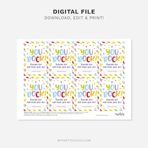 You Rock Gift Tag, Rock Candy or Music Label for Staff Volunteer or ...