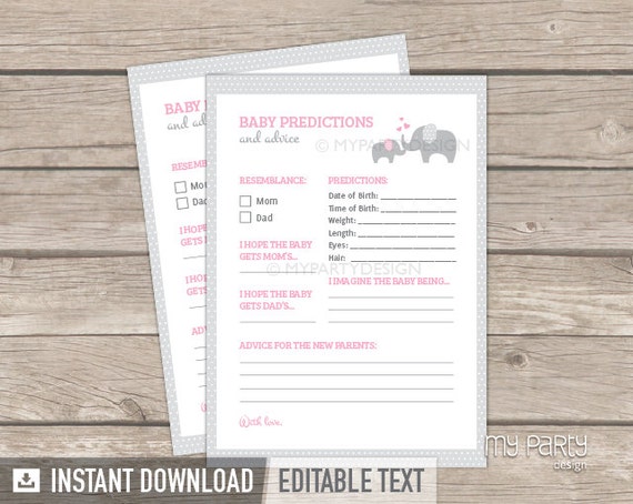 Baby Predictions and Advice Card, Pink Elephant Baby Shower Game, Girl ...