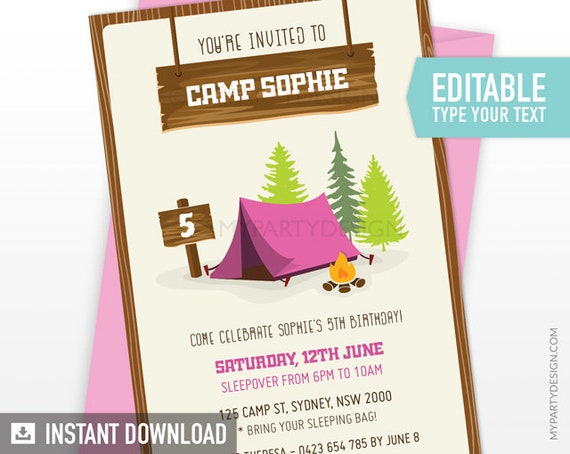 Camping Birthday Invitation, Girl Campout Sleepover Invite, Glamping Camping Party Invite ...