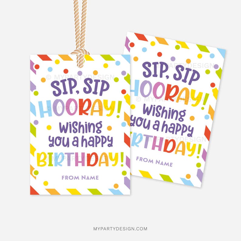 Sip Sip Hooray Happy Birthday Gift Tag, Kids Class Gift Label for ...