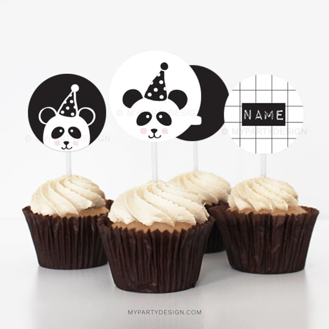 Panda Cupcake Toppers, Modern Birthday Decorations, Monochrome Panda ...