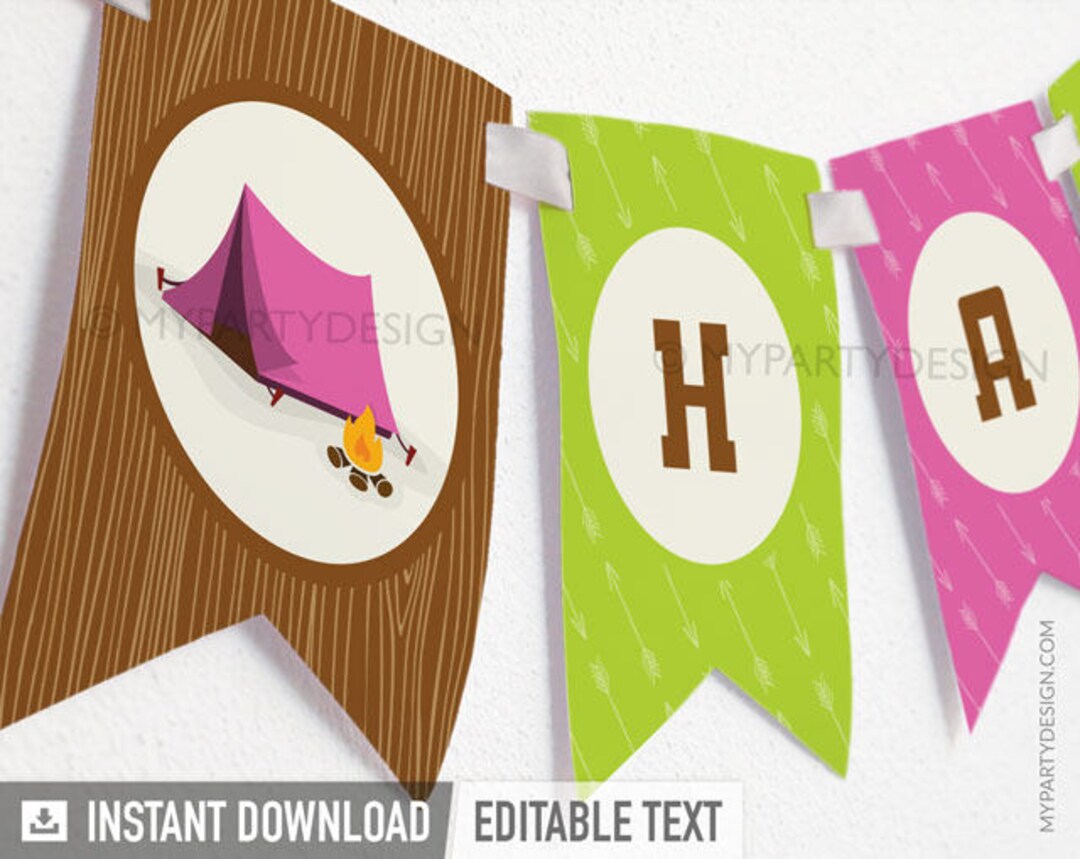 Camping Birthday Banner, Girl Camp Party Bunting, Campout Sleepover ...
