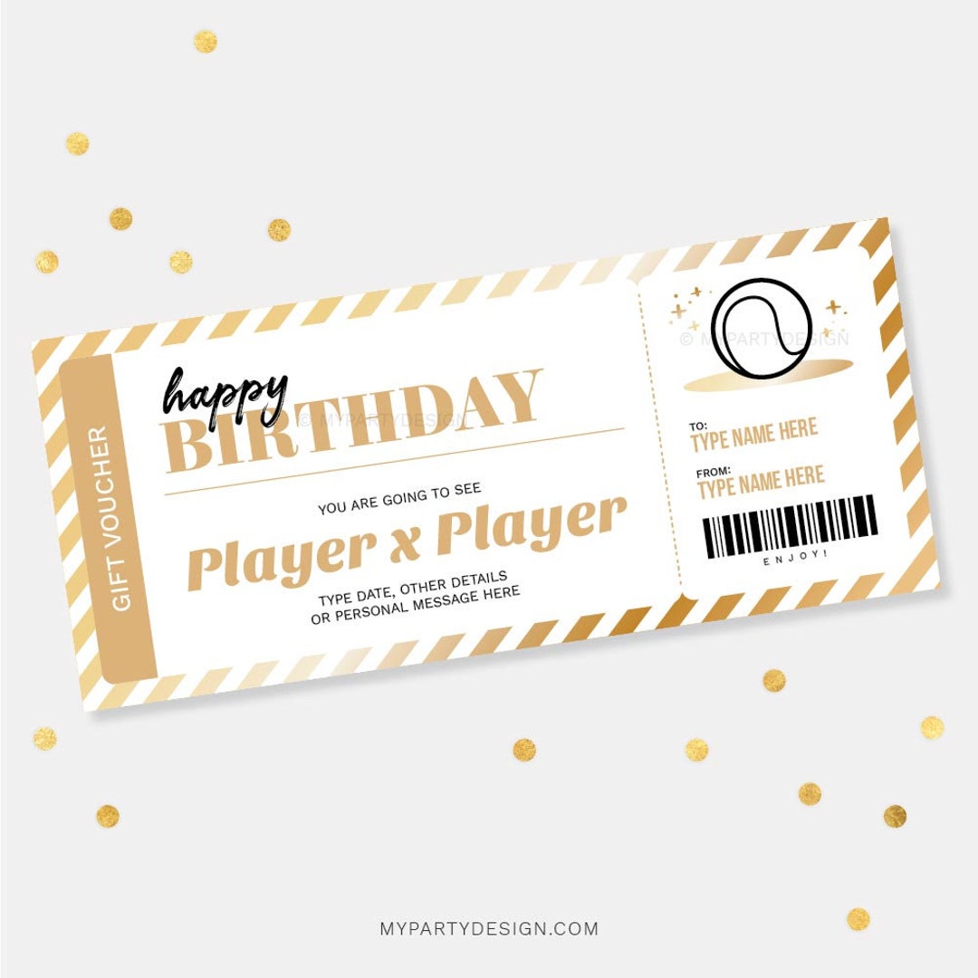 Tennis Gift Voucher Template, Sports Match Ticket Birthday Card ...