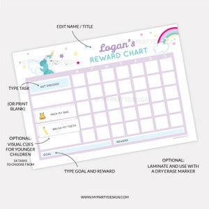 Unicorn Chore Chart for Kids, Rainbow Chore Reward, Editable Behavior ...