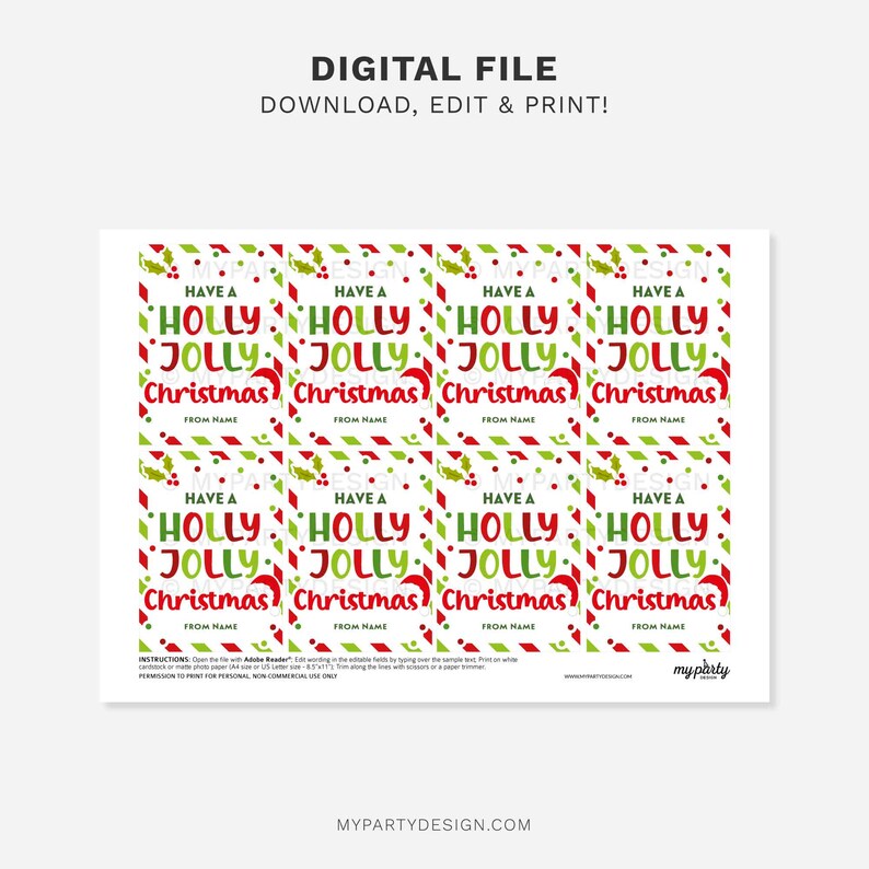 Holly Jolly Christmas Gift Tag, Holiday Appreciation Favor Label for ...