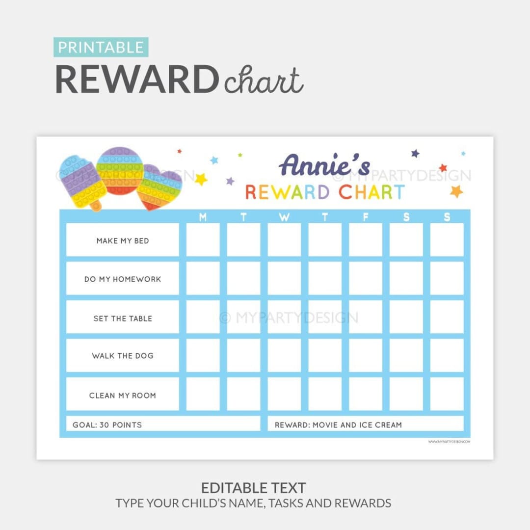 Pop Reward Chart for Kids, Pop Fidget Chore Chart, Editable Behavior ...