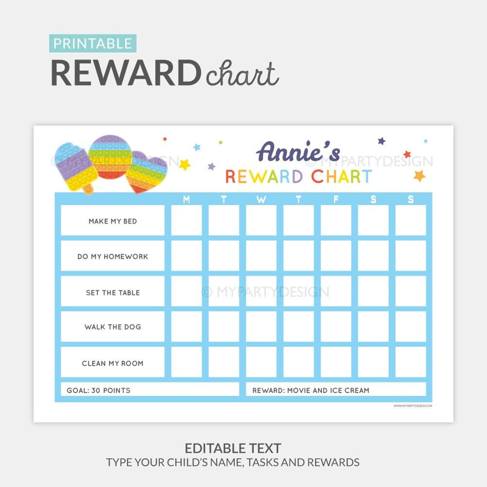Pop Reward Chart for Kids Pop Fidget Chore Chart Editable - Etsy