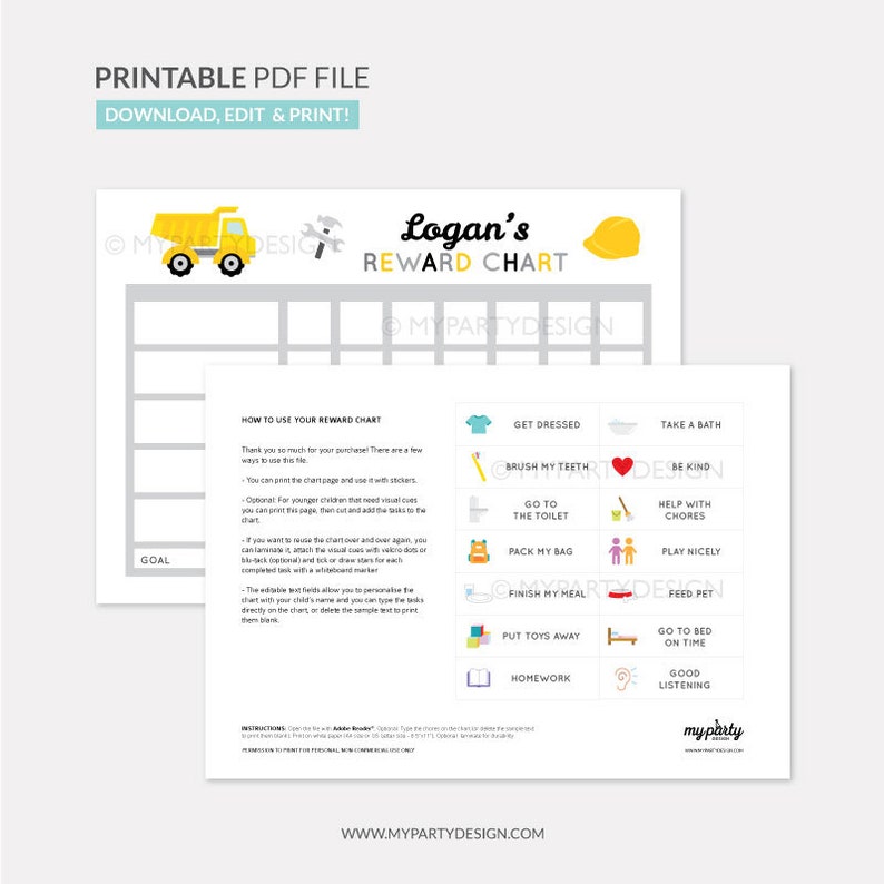 Chore Chart for Kids Construction Reward Chart Boys Editable - Etsy