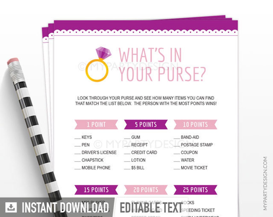 What's in Your Purse Game, Purple Bridal Shower, Wedding Bachelorette ...