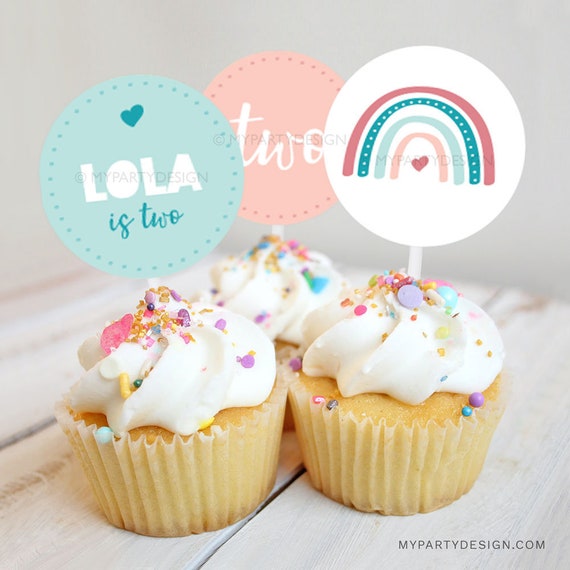 Boho Rainbow Cupcake toppers, Rainbow Party Printables, Boho Birthday ...
