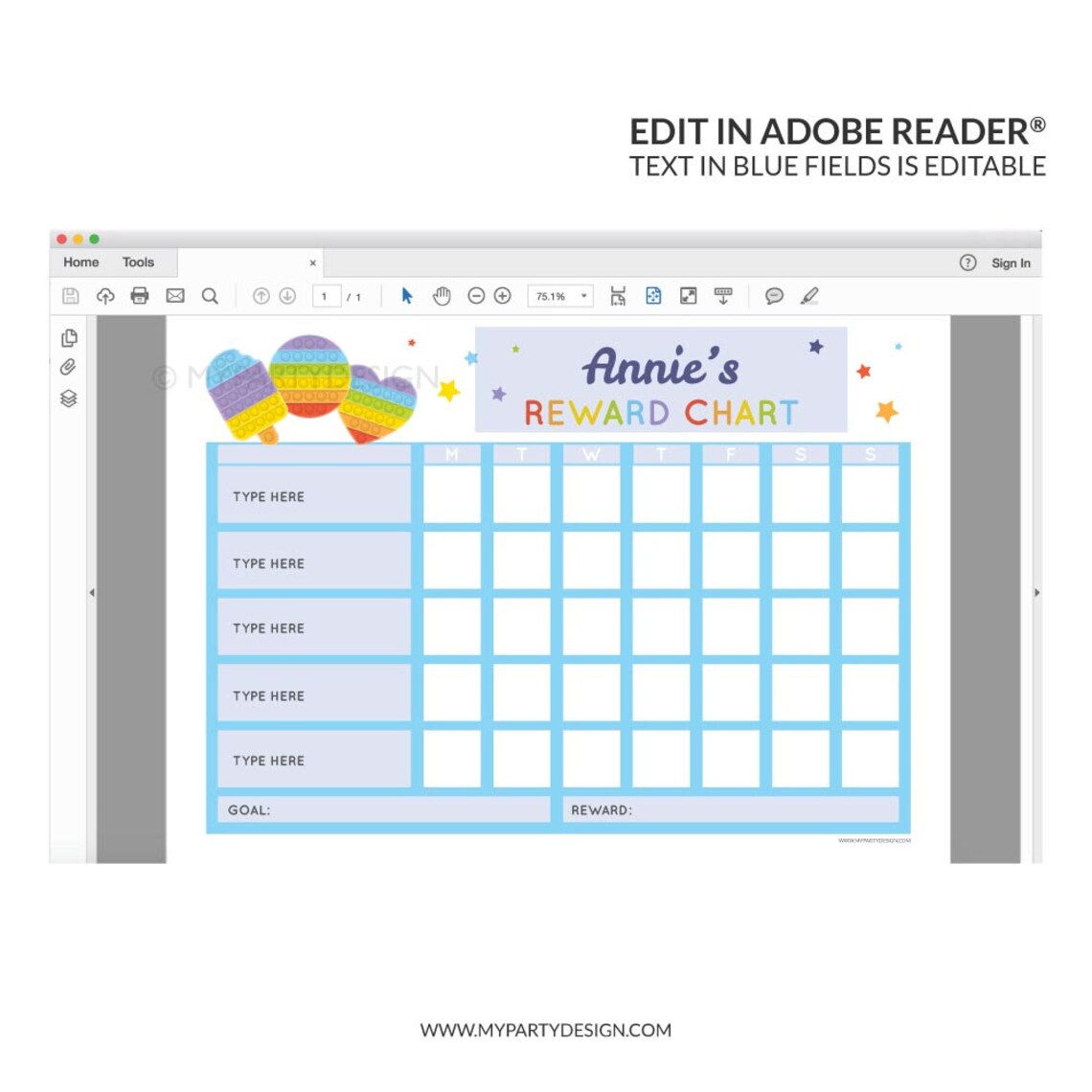 Pop Reward Chart for Kids Pop Fidget Chore Chart Editable - Etsy