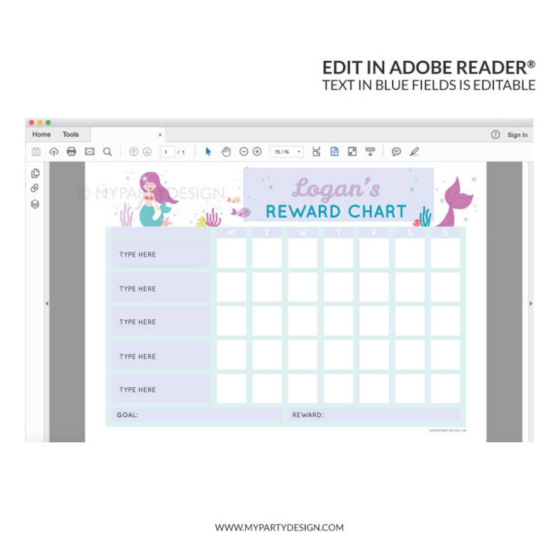 Printable Mermaid Reward Chart for Kids Chore Chart Editable | Etsy