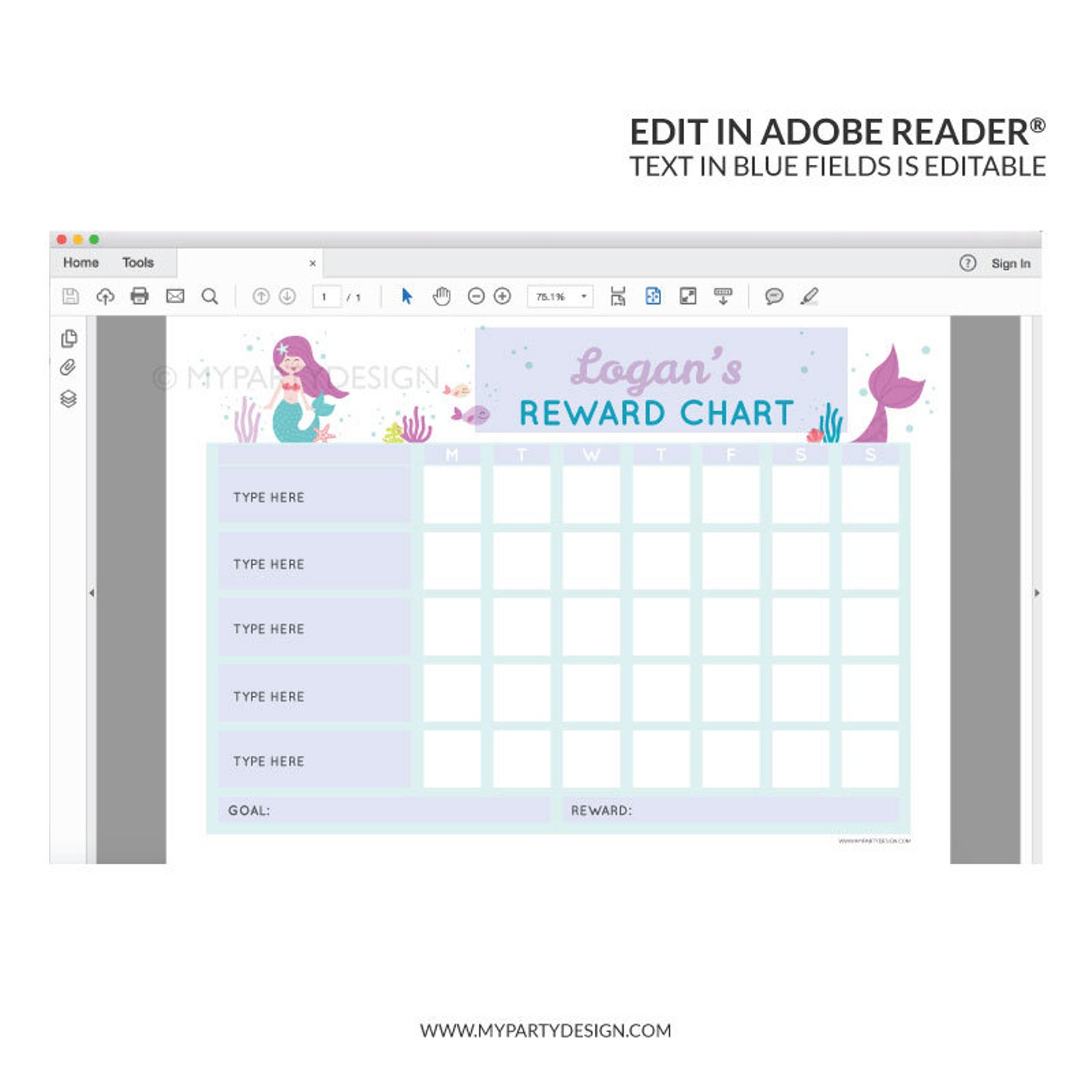 Printable Mermaid Reward Chart for Kids Chore Chart Editable | Etsy