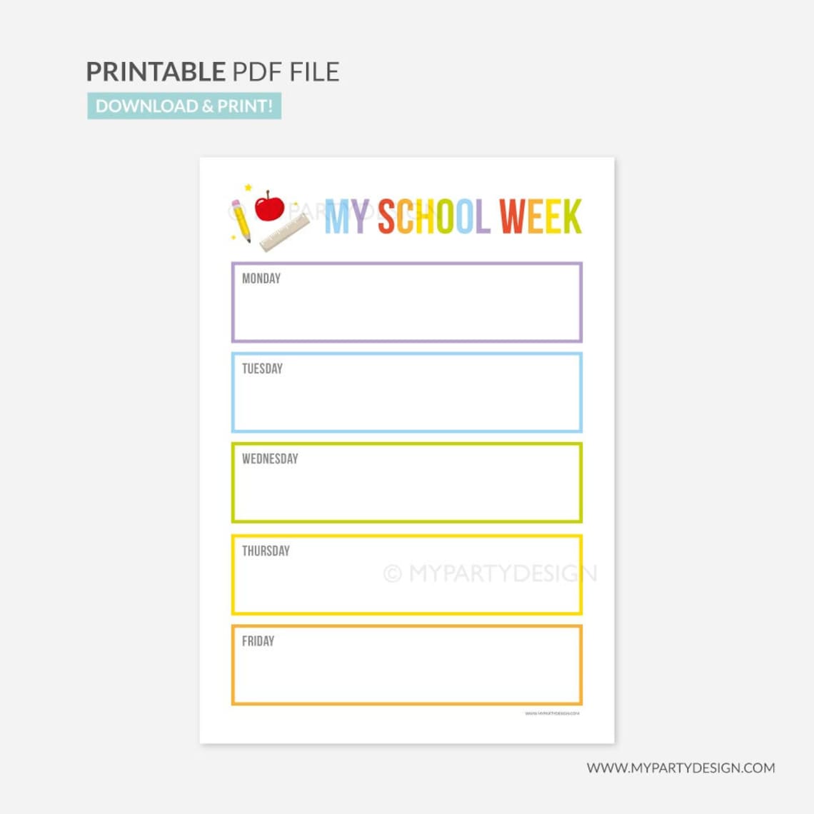 Printable School Week Calendar for Kids, Weekly Planner, Homeschool, 5 ...
