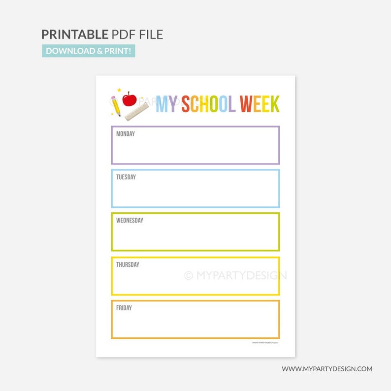 Printable School Week Calendar for Kids, Weekly Planner, Homeschool, 5 ...