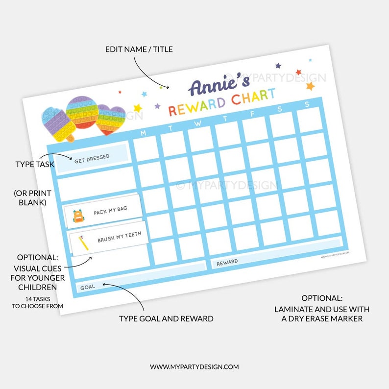 Pop Reward Chart for Kids Pop Fidget Chore Chart Editable - Etsy