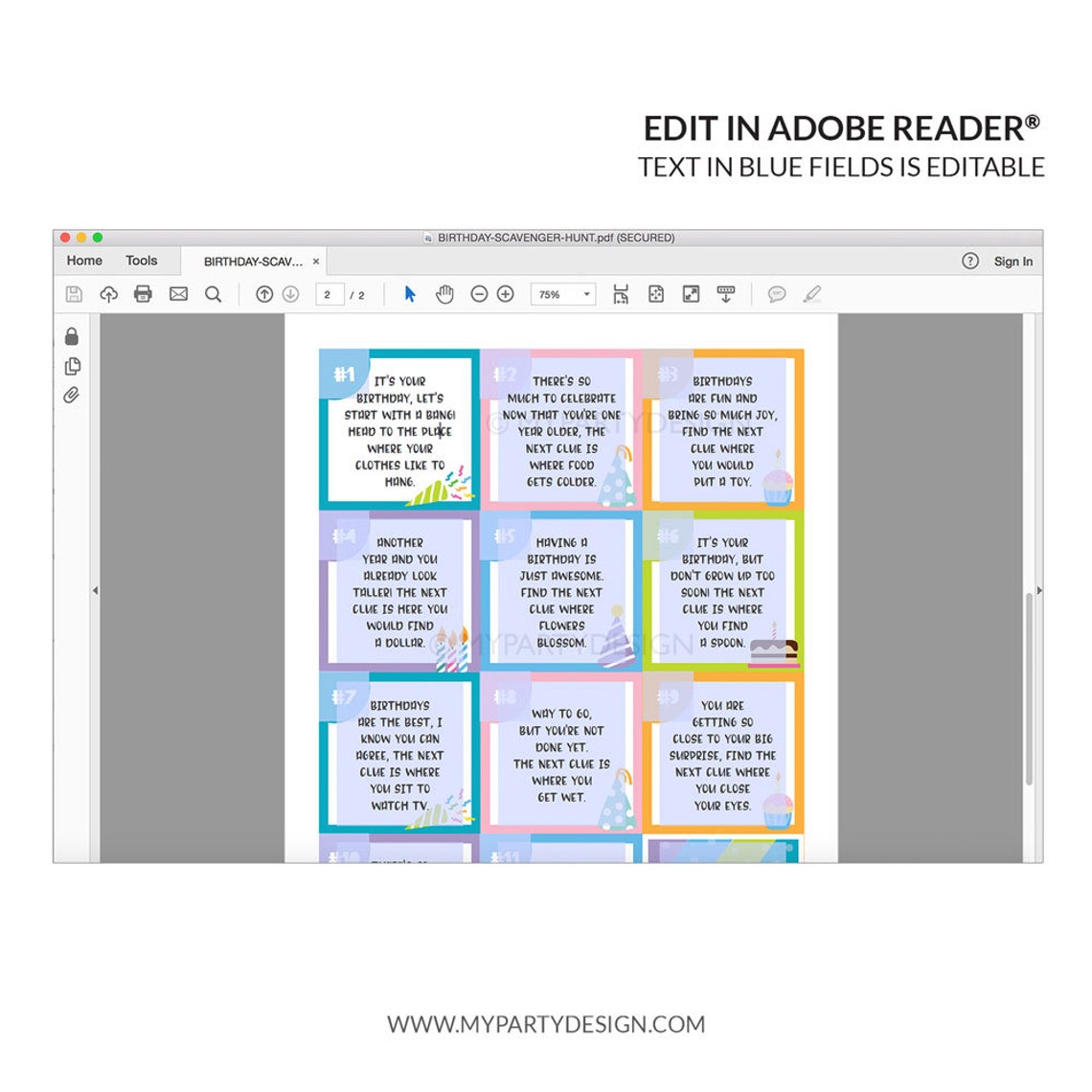 Birthday Scavenger Hunt Clues, Editable Clue Cards for Indoor Treasure ...