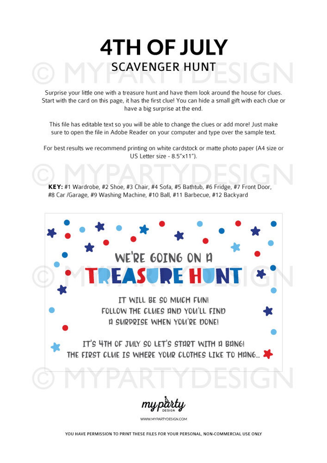 4th of July Scavenger Hunt Clues Editable Clue Cards for Kids - Etsy