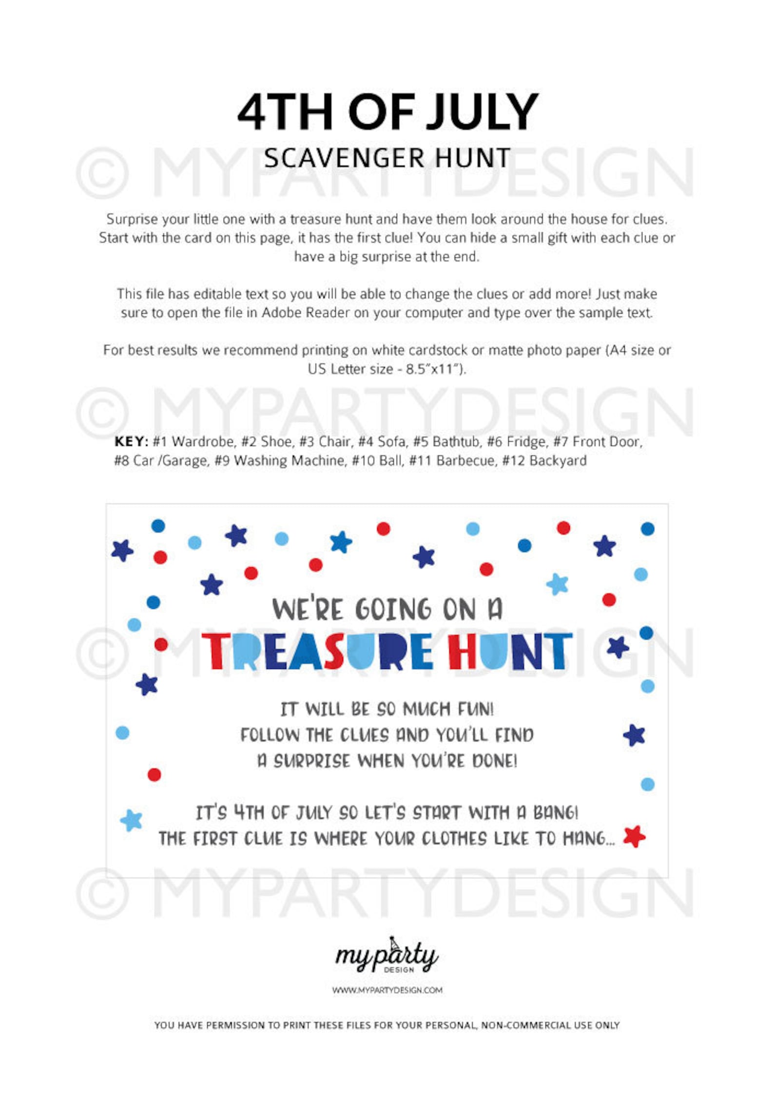 4th of July Scavenger Hunt Clues, Editable Clue Cards for Kids Treasure ...