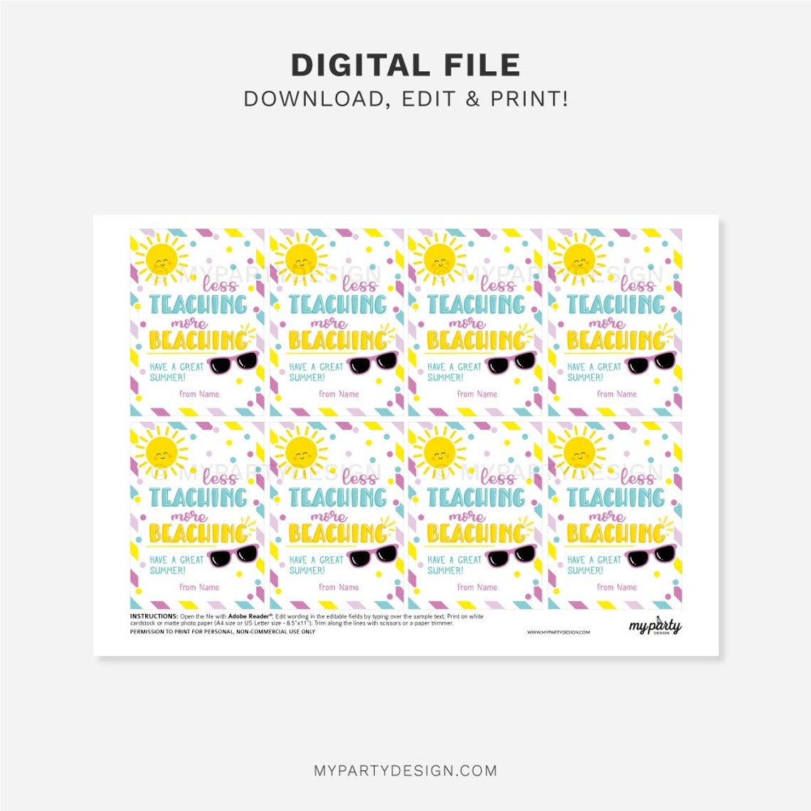 Less Teaching More Beaching Tag, Summer Teacher Appreciation Gift Tag ...
