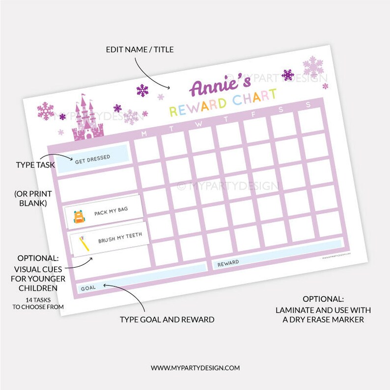 Ice Princess Reward Chart for Kids Purple Princess Chore - Etsy