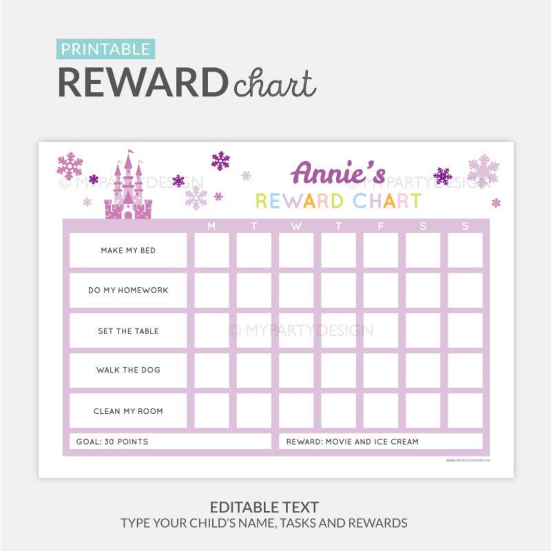 Ice Princess Reward Chart for Kids, Purple Princess Chore Chart ...