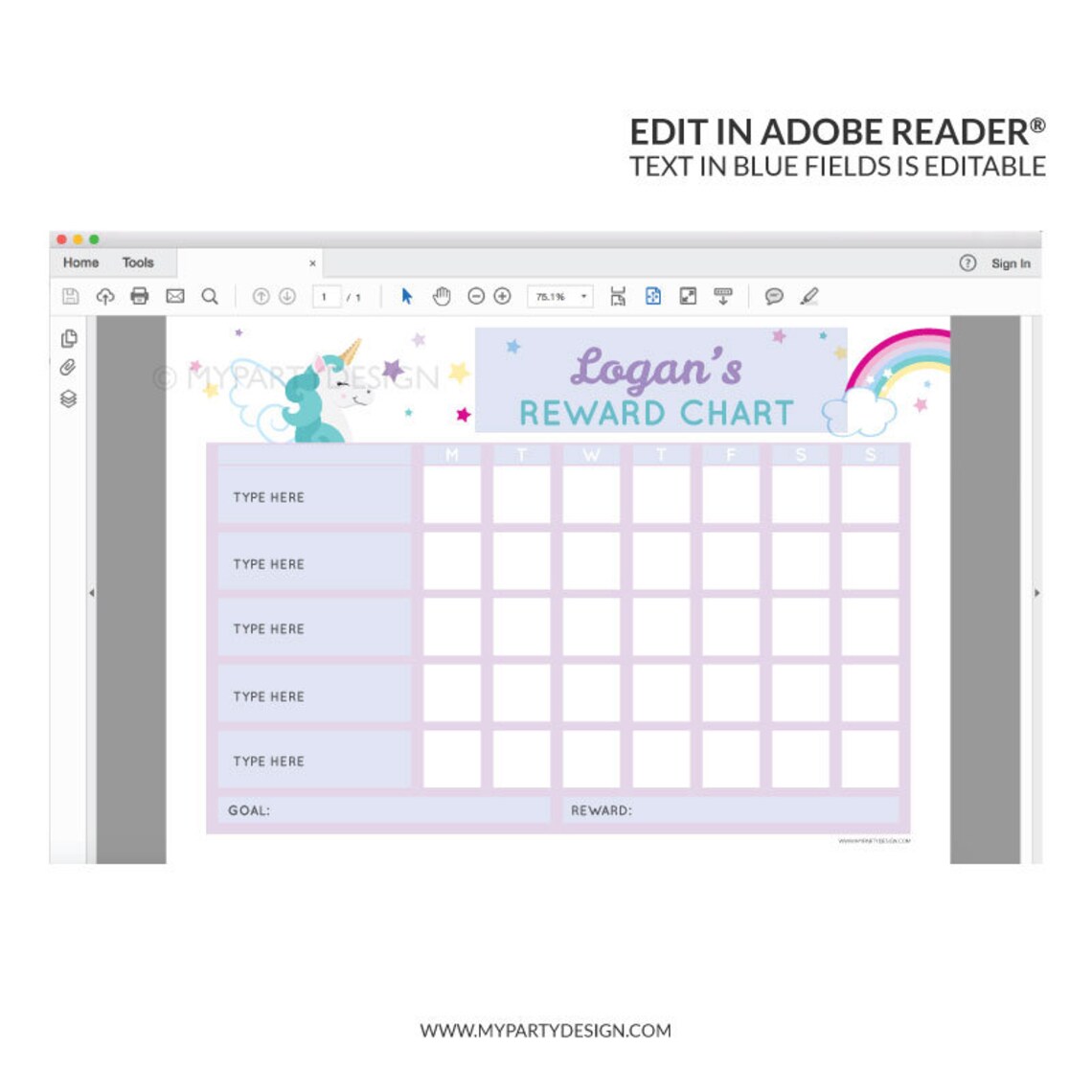 Unicorn Chore Chart for Kids, Rainbow Chore Reward, Editable Behavior ...