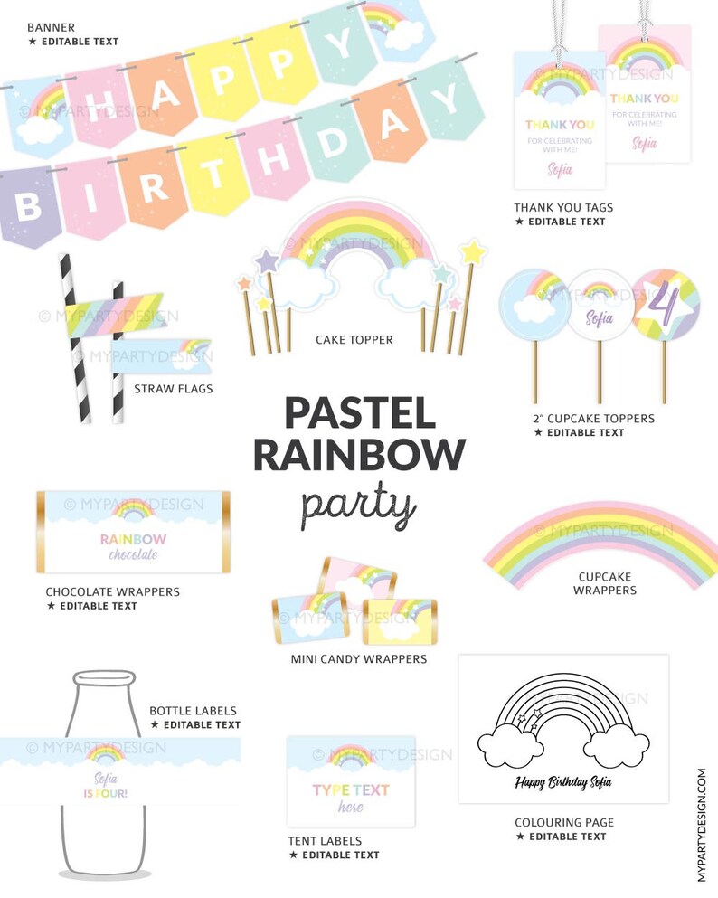 Rainbow Birthday Decorations Pastel Rainbow Party Kit - Etsy