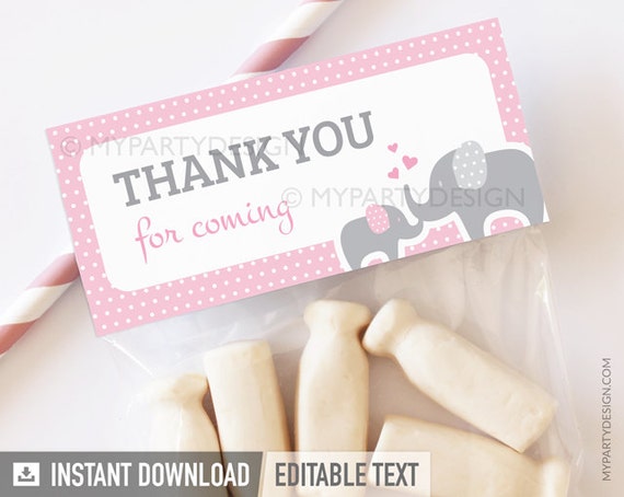 Elephant Favor Tags, Thank You Labels, Elephant BabyShower, Girl Pink ...