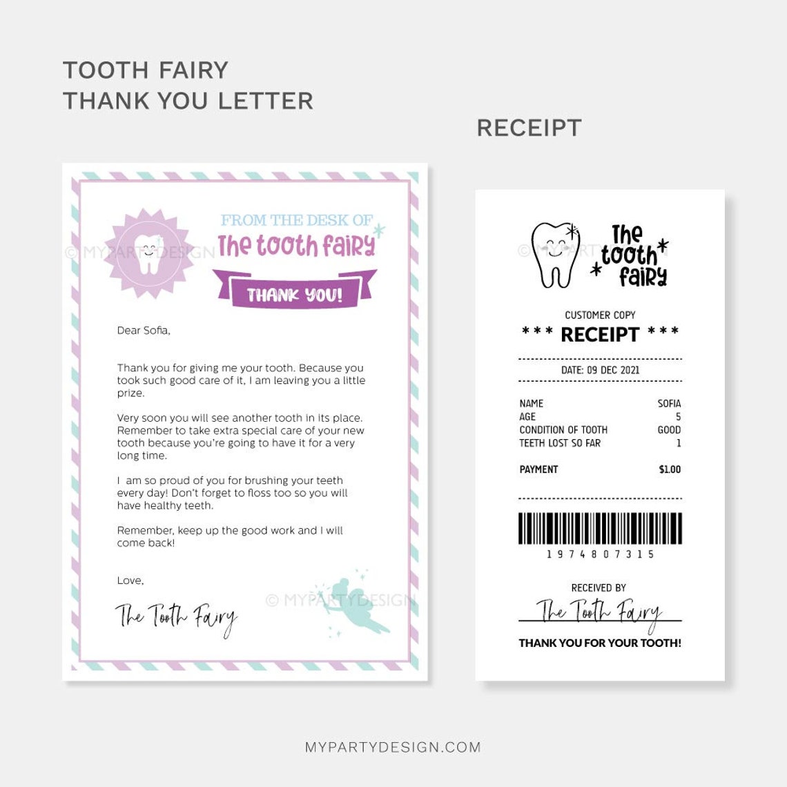 Printable Tooth Fairy Letter and Receipt for Lost Teeth for a Girl ...