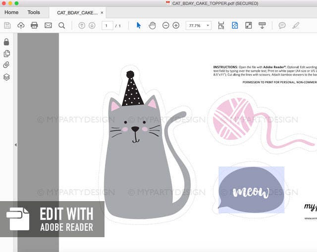 Cat Cake Topper Kitty Cat Birthday Party Printables INSTANT | Etsy