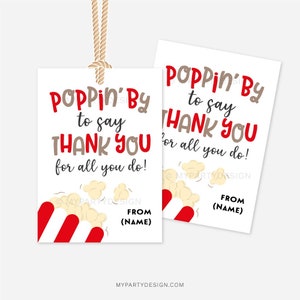 Poppin by to Say Thank You Gift Tag, Popcorn Label for Staff or Teacher ...